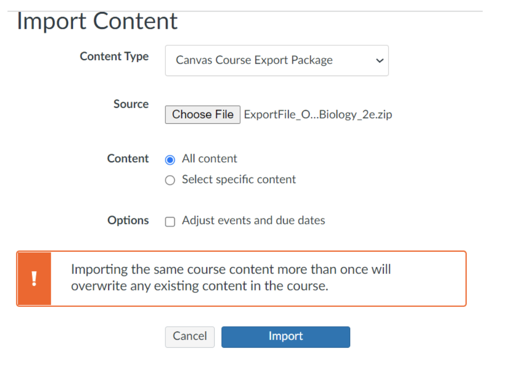 Downloading a Canvas Course cartridge from openstax.org