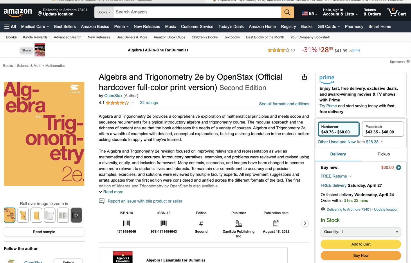 Purchasing an OpenStax textbook on Amazon
